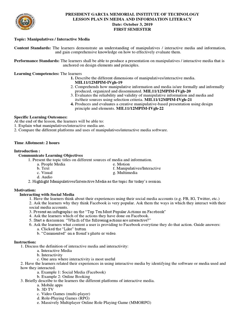 Media and Information Literacy Lesson Plan- Second Quarter ...