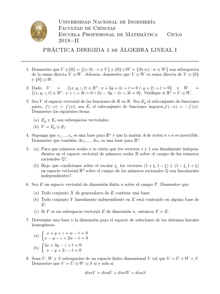 Practica Dirigida Algebra Lineal I Uni 1 | PDF | Base (álgebra lineal) | Espacio vectorial