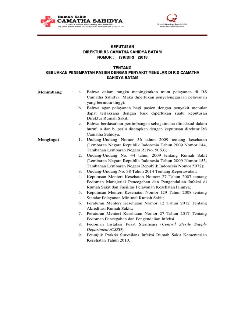 SK Kebijakan Penempatan Pasien Penyakit Menular. | PDF | Pengelolaan ...