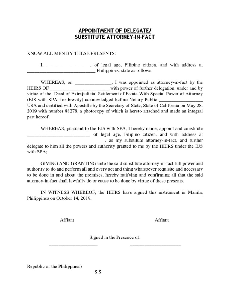 Sample Delegated SPA | PDF | Power Of Attorney | Notary Public
