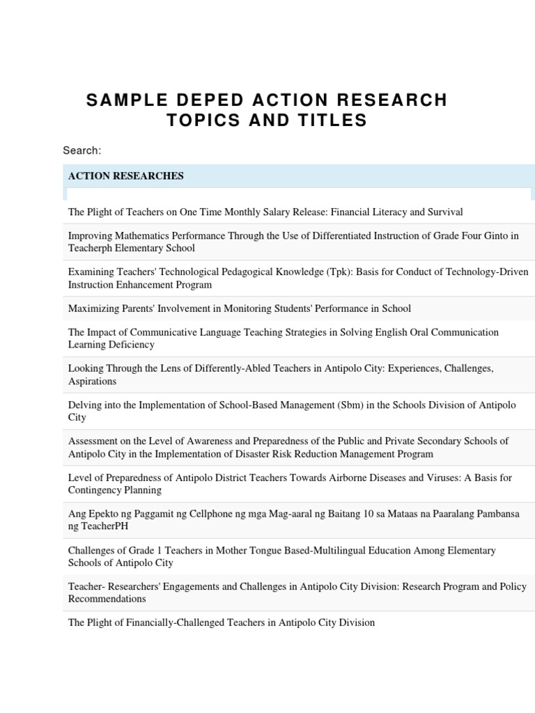 Sample Deped Action Research Topics and Titles | PDF | Reading ...