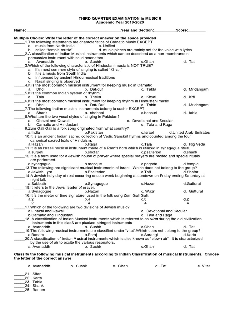 Third Periodic Exam-Music 8 | PDF | Performing Arts | Entertainment ...