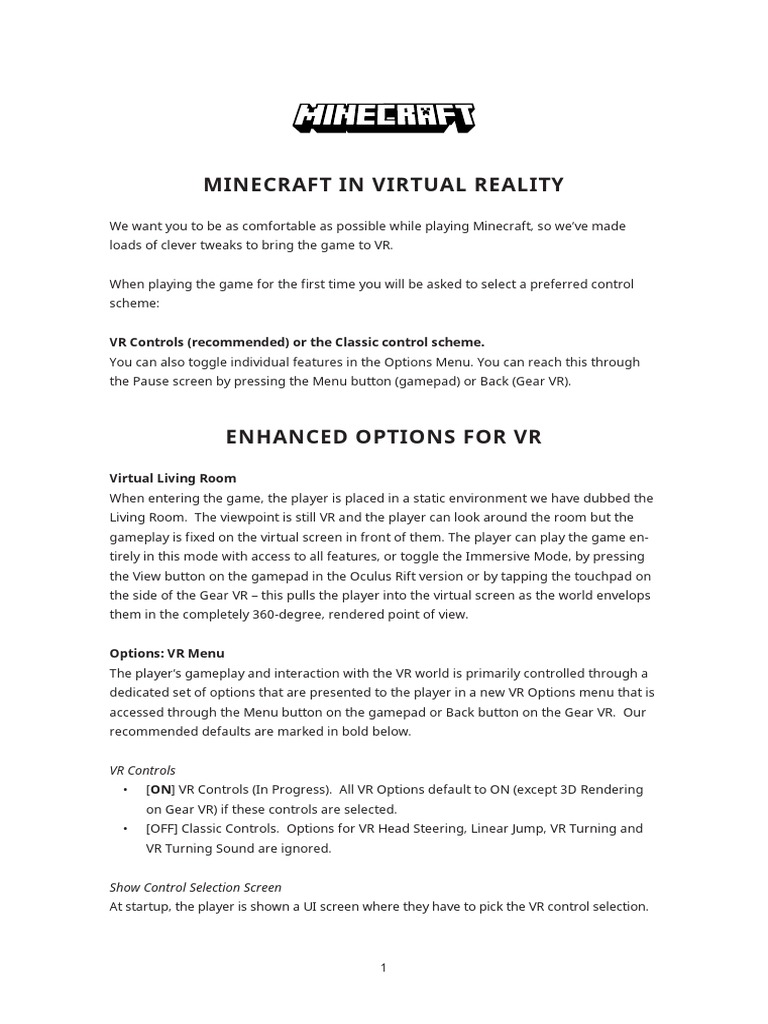 Minecraft VR: Control Options Explained | PDF | Virtual Reality | Minecraft