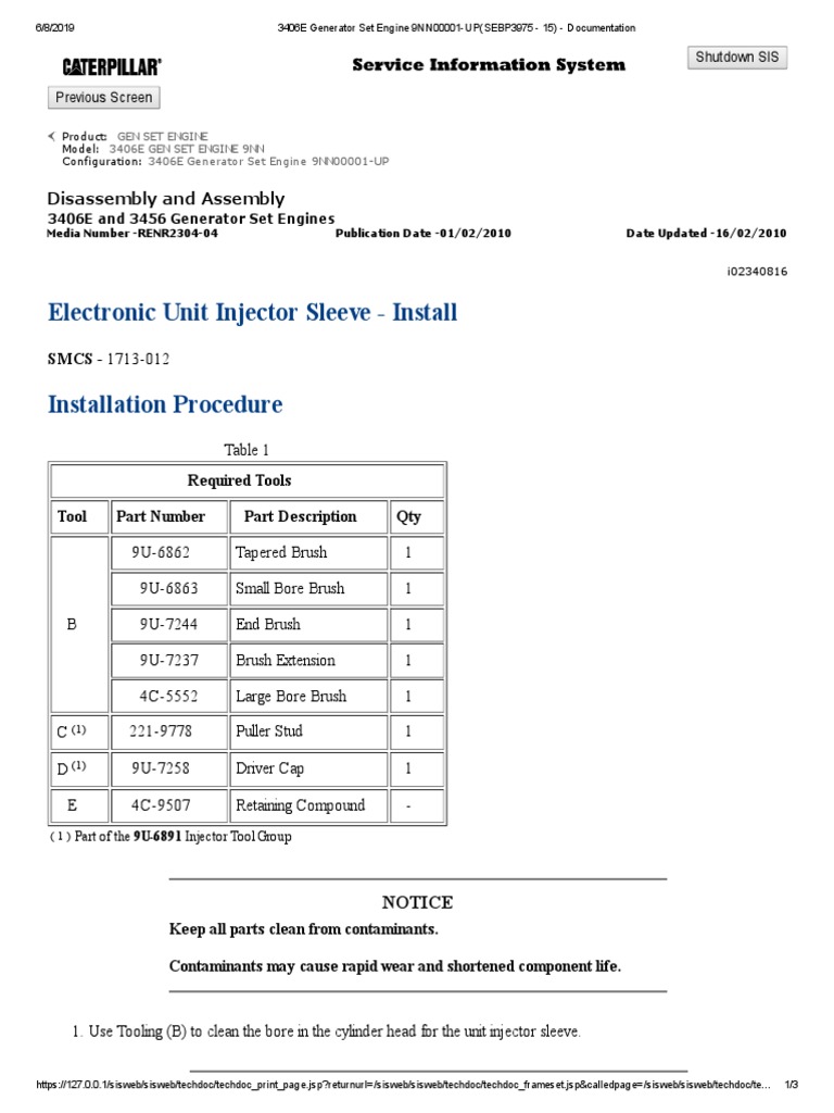 3408 Injector Sleeve Install | PDF | Cylinder (Engine) | Vehicle Technology