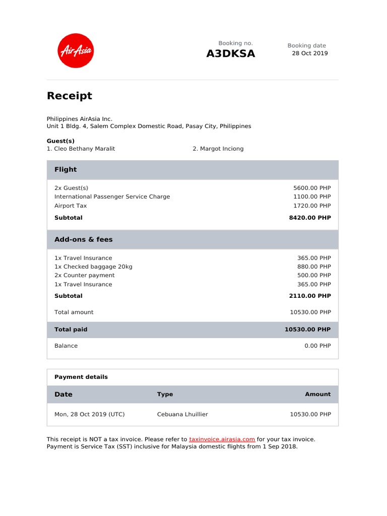 AirAsia Booking Receipt Summary | PDF