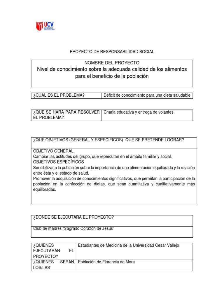 Modelo de Proyecto de Responsabilidad Social Esquema Del Proyecto Sesion 8 2019 2 | PDF | Dieta ...