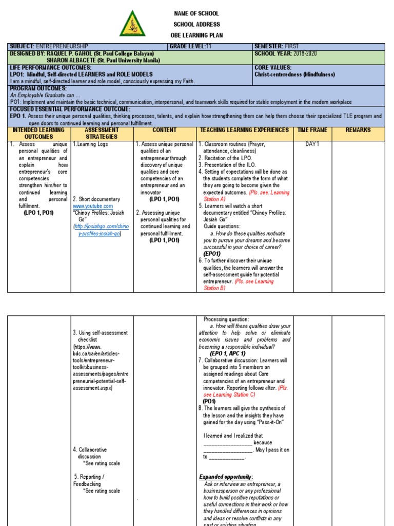 Final SPCEM OBE Learning Plan in Entrepreneurship Revised As of April ...