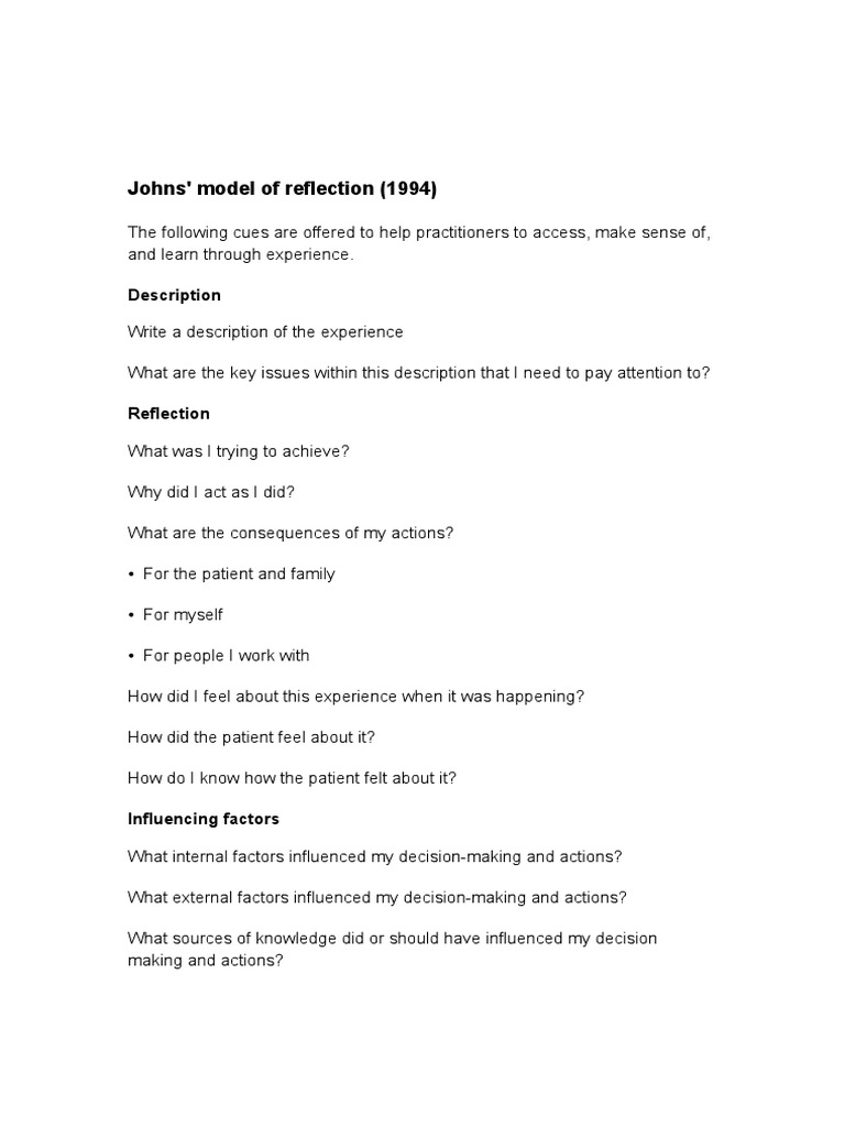 Johns' Model of Reflection (1994) : Description | PDF | Decision Making ...
