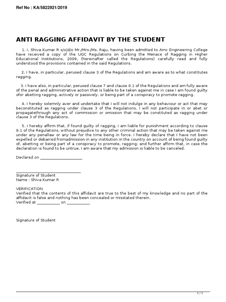 Anti Ragging Affidavit by The Student: Ref No: KA/5822921/2019 | PDF ...