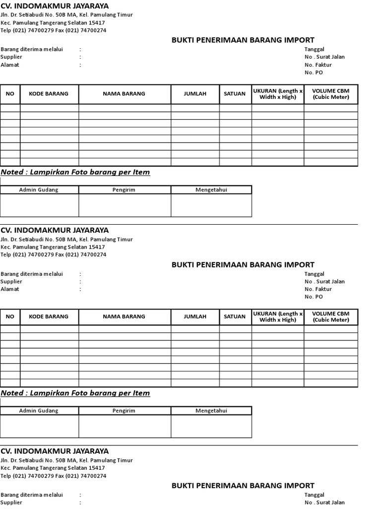 Contoh Form Penerimaan Barang Import | PDF