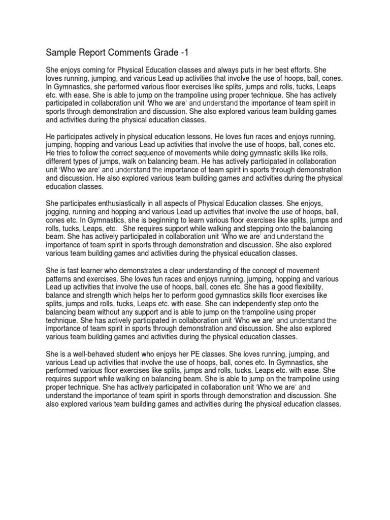 PE Report Card Comments for Grade 1 | PDF | Gymnastics | Physical Education