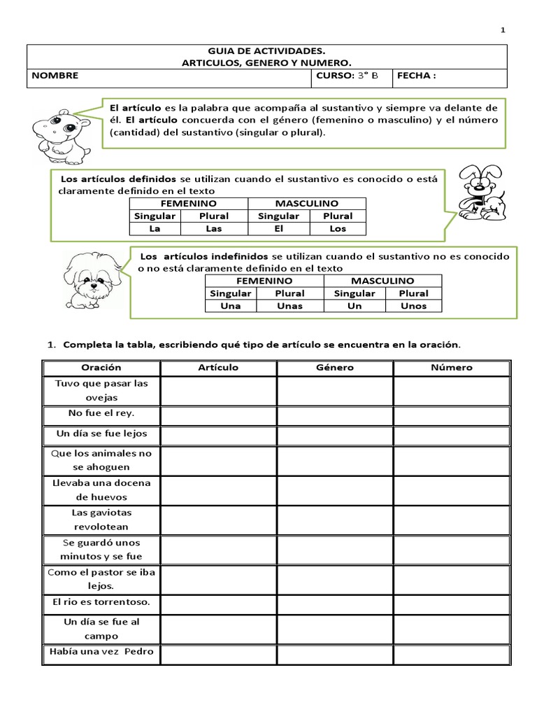 Guia de Articulos, Genero y Numero. | PDF