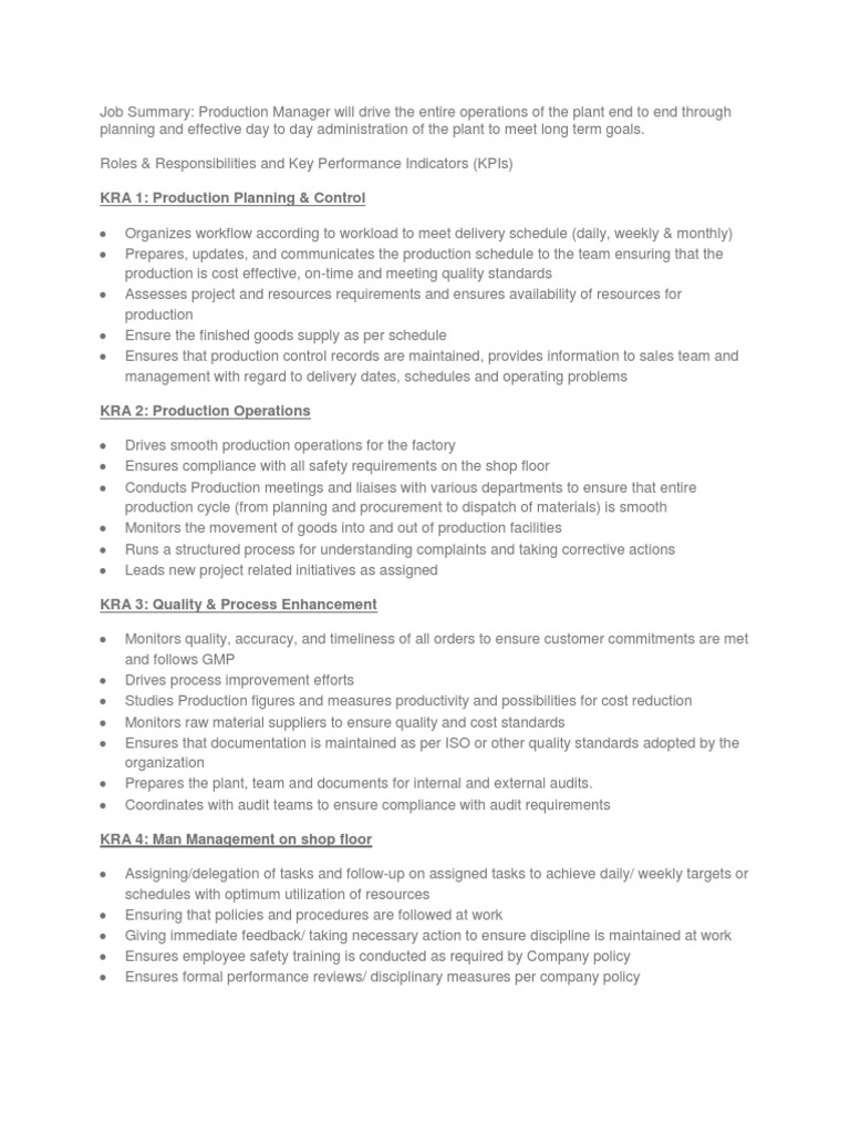 KRA 1: Production Planning & Control | PDF | Performance Indicator ...