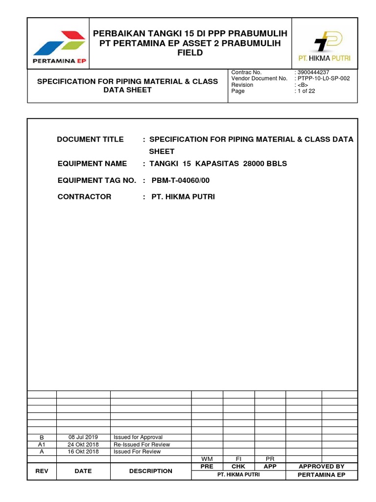 2.3.2.2 Specification For Piping Material and Class Data Sheet | PDF