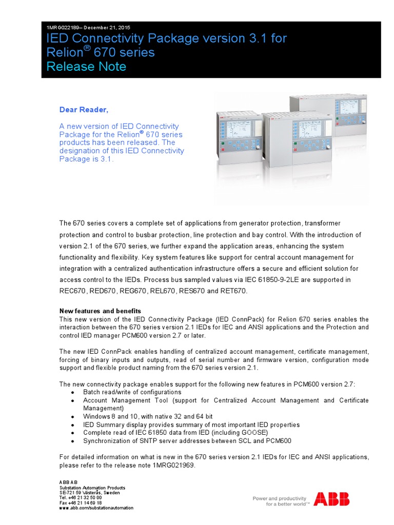 1MRG022189 A en IED Connectivity Package Version 3.1 For Relion 670 ...
