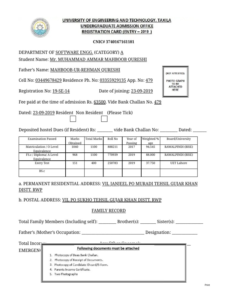 Registeration Card Form | PDF | Vocational Education | Educational ...