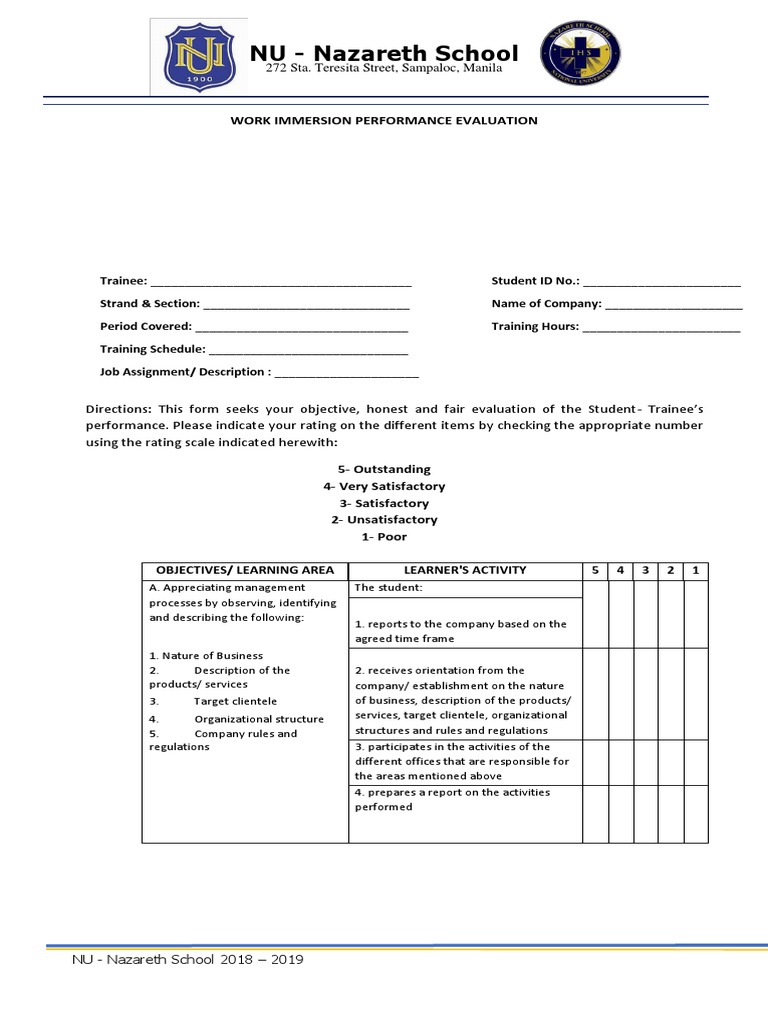 Work Immersion Evaluation Form | PDF | Business Process | Performance Appraisal
