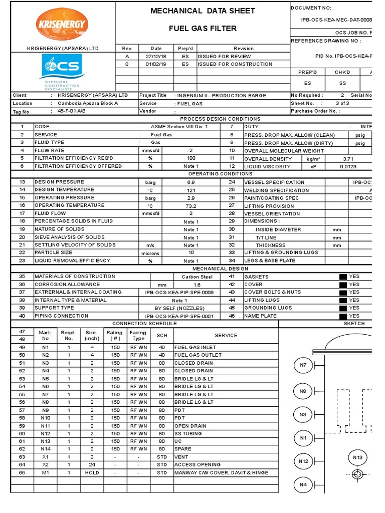 Fuel Gas Filter Data Sheet | PDF | Filtration | Gases