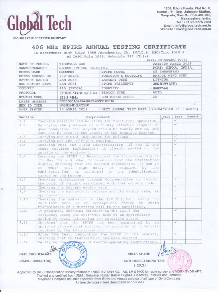 Epirb Anual Testing Certificate PDF | PDF