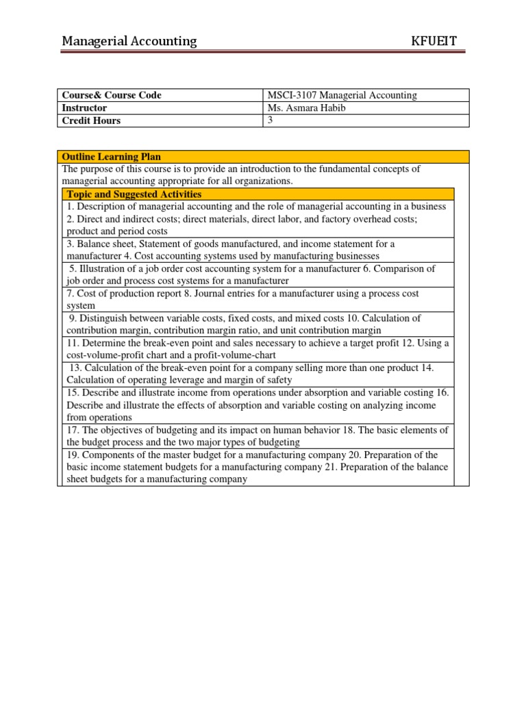 Managerial Accounting Course Outline | PDF | Management Accounting ...