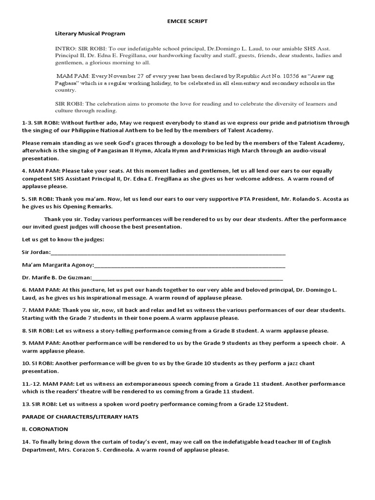 Reading Month Emcee Script | PDF