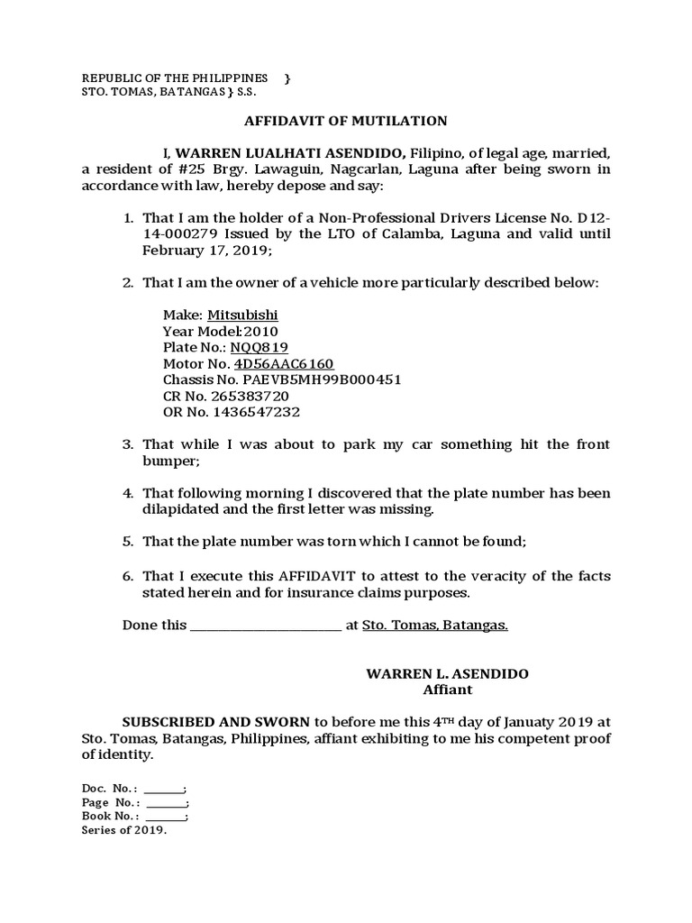 Affidavit of Mutilated License Plate | PDF