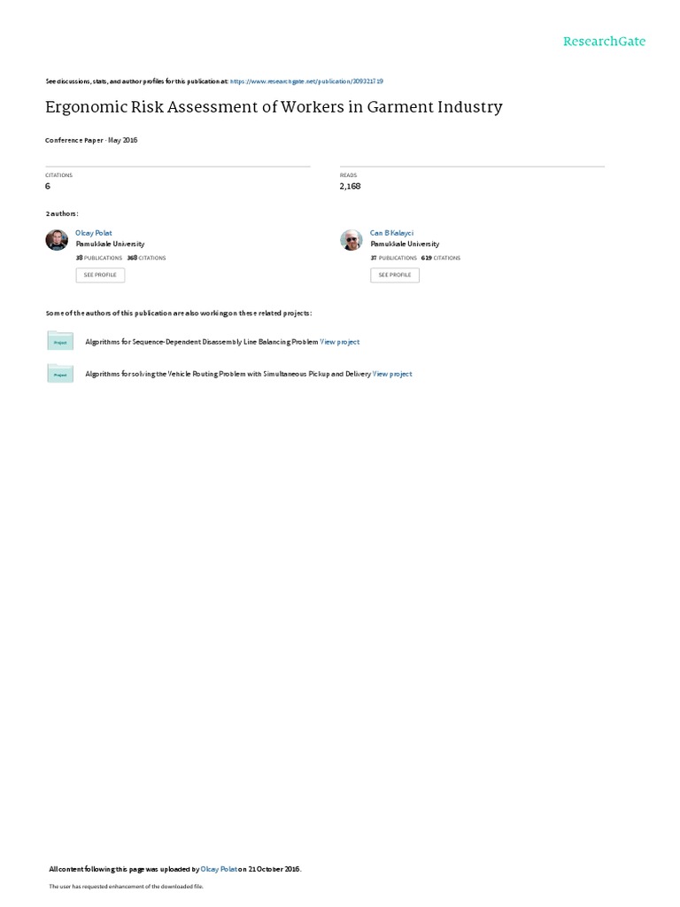 Ergonomic Risk Assessment in Garment Industry | PDF | Human Factors And ...