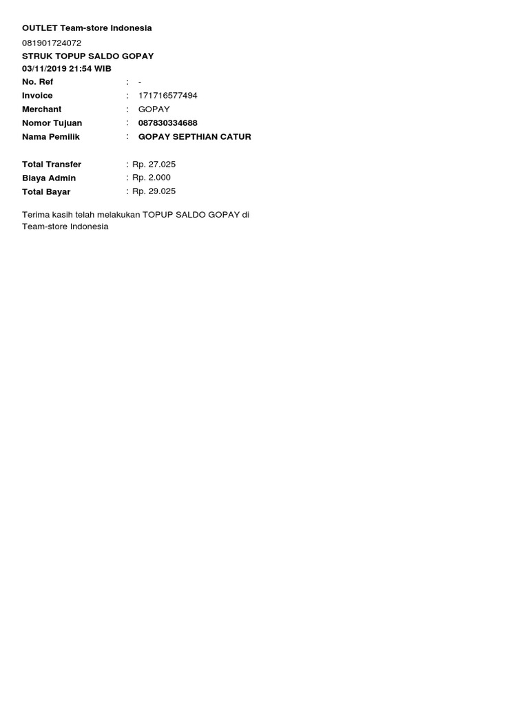 Struk GOPAY 087830334688 INVOICE 171716577494 PDF | PDF