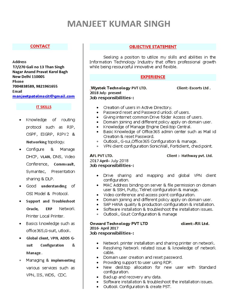 Manjeet Kumar Singh: Contact Objective Statement | PDF | Virtual Private Network | Active Directory