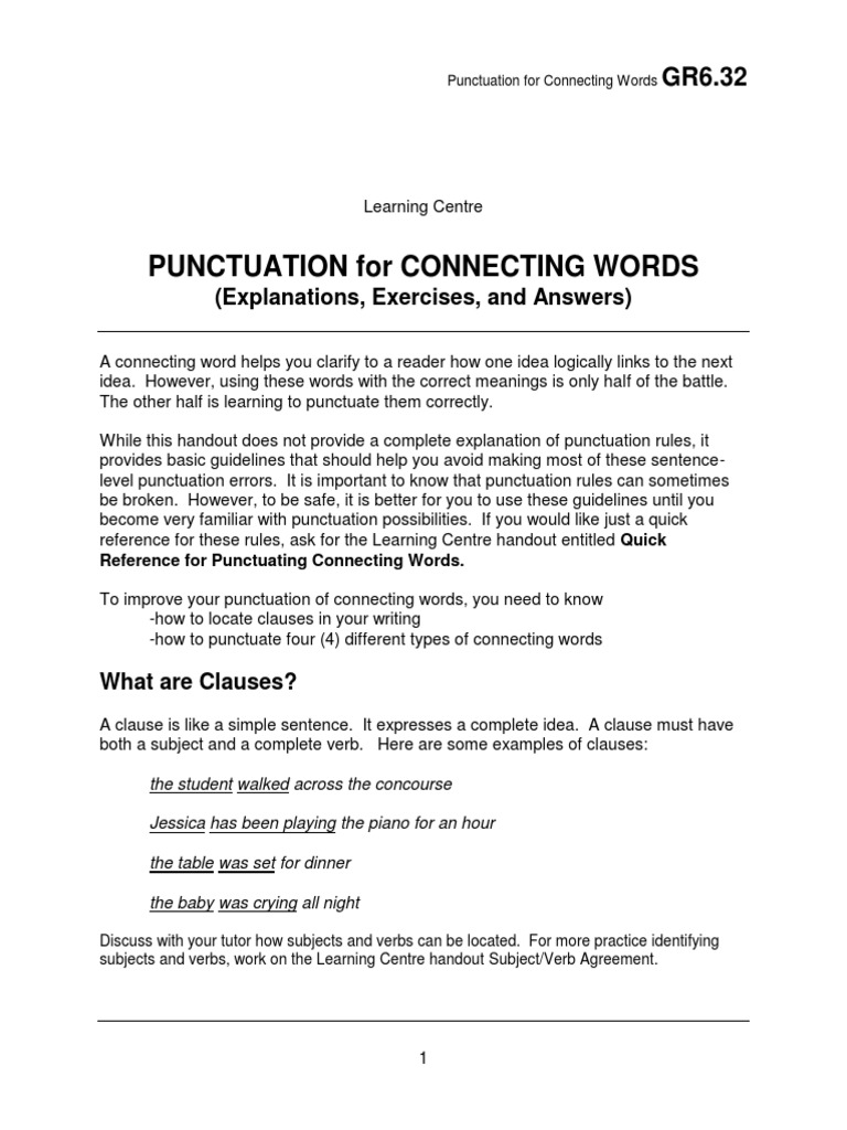 Punctuation For Connecting Words: (Explanations, Exercises, and Answers ...