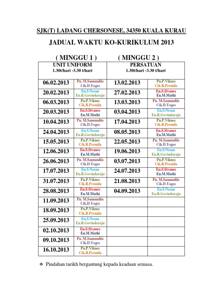 Jadual Waktu Ko-Kurikulum 2013 (Minggu 1) (Minggu 2) : Unit Uniform ...