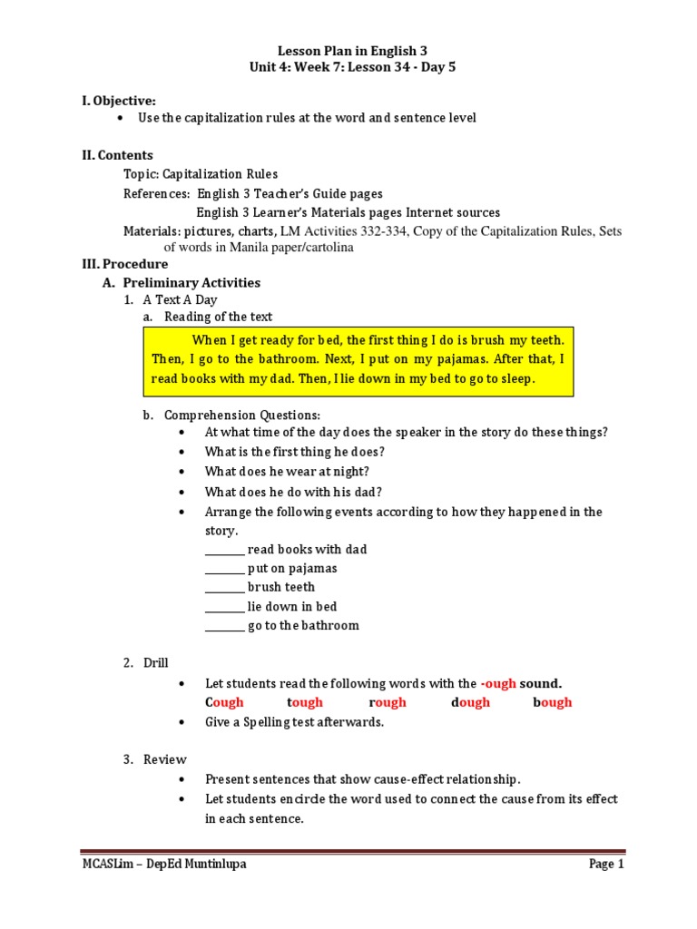 Capitalization Lesson Plan for Grade 3 | PDF | Reading Comprehension ...