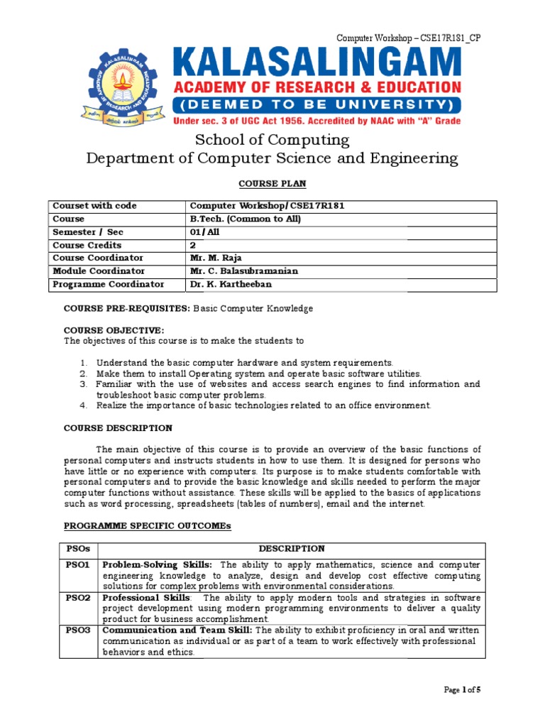 Comp Workshop Course Plan | PDF | Engineering | Computer Science