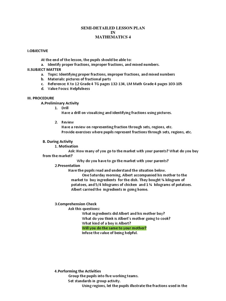 Grade 4 Lesson Plan: Types of Fractions | PDF | Fraction (Mathematics ...