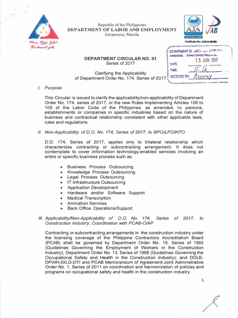 Department Circular No - 01-17 Clarifying The Applicability of ...