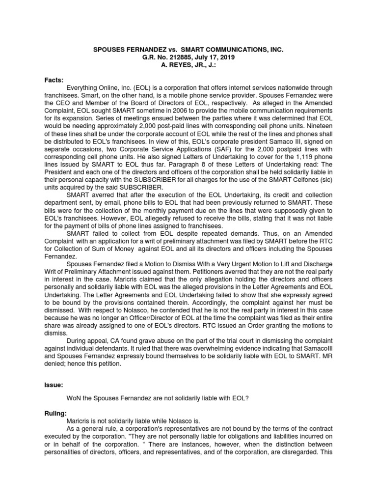 G.R. No. 212885, July 17, 2019 - Spouses Fernandez vs. Smart ...