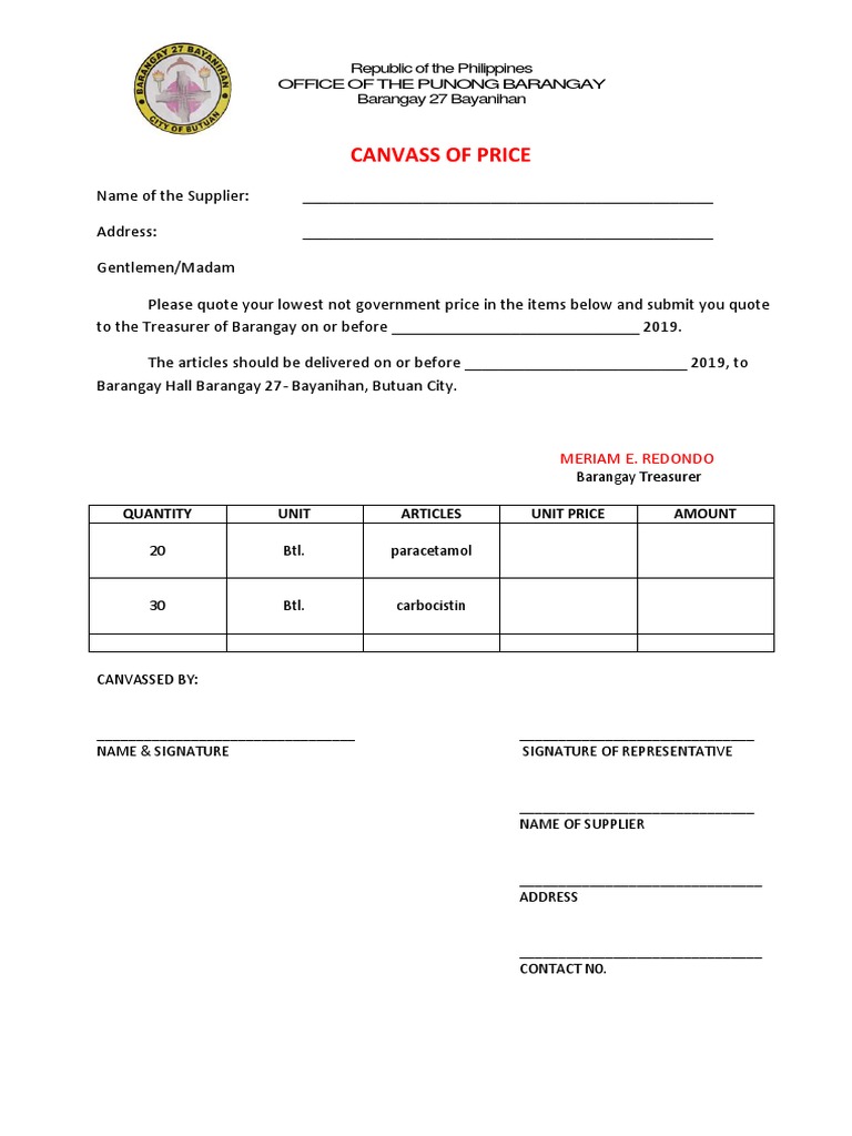 Canvass of Price: Quantity Unit Articles Unit Price Amount | PDF