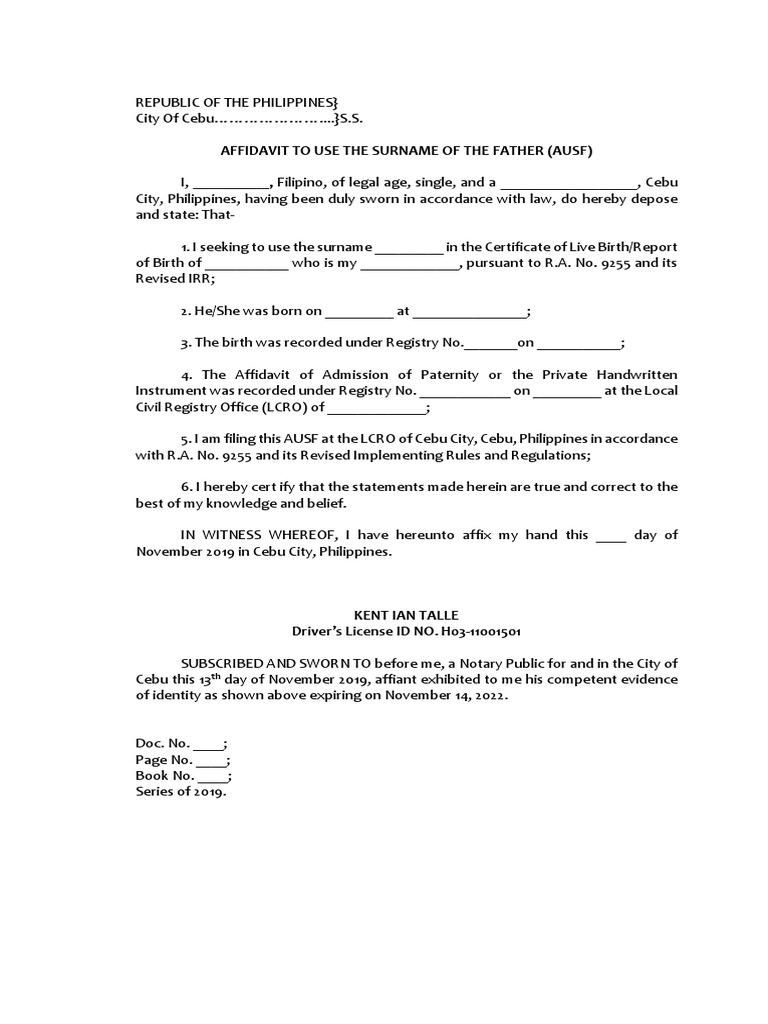 Affidavit To Use The Surname of The Father | PDF