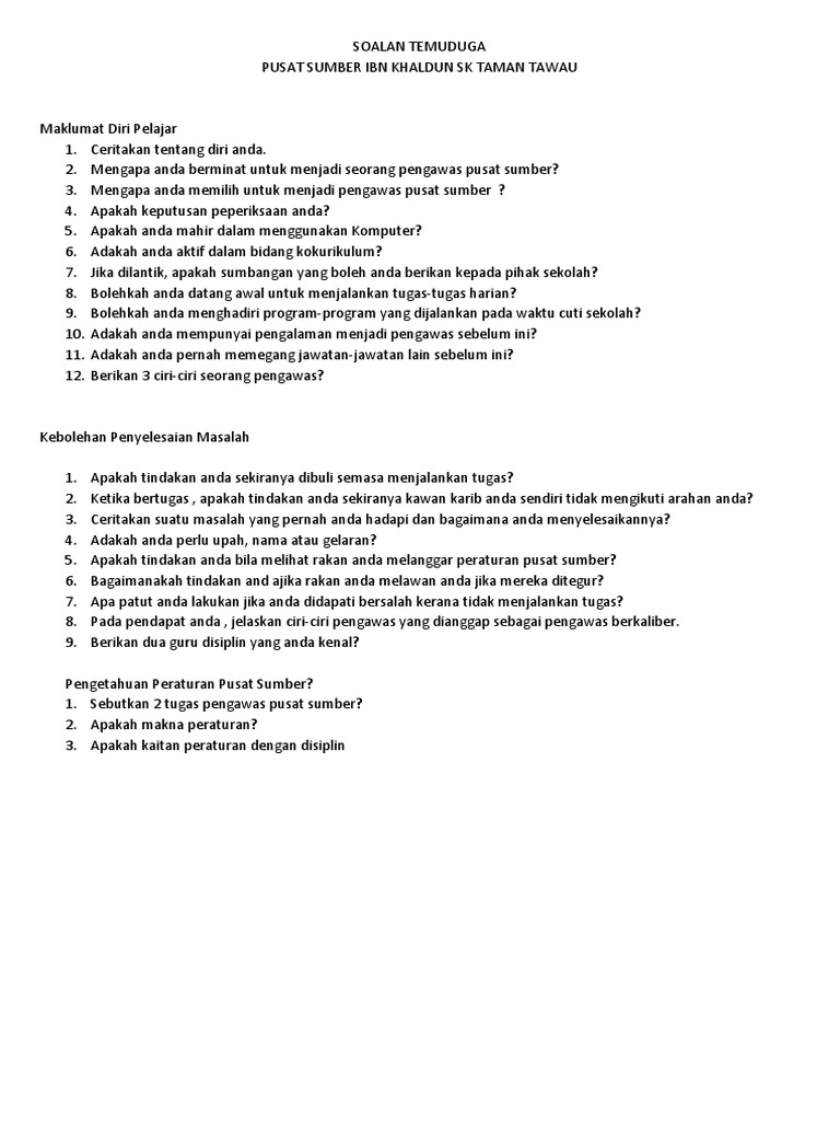 Soalan Temuduga Pusat Sumber | PDF | Karier & Perkembangan | Bisnis