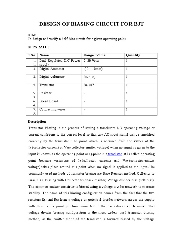Design of Biasing Circuit For BJT: Transistor | PDF | Bipolar Junction ...