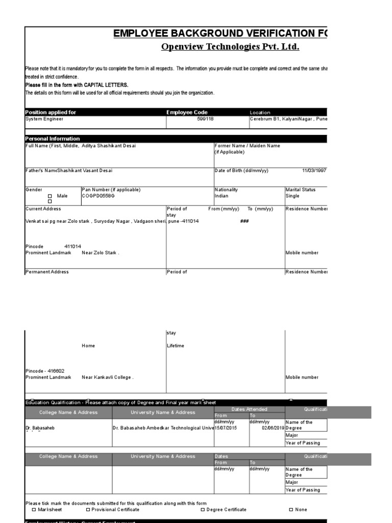 A-Check-Sample BGV_Updated form_Openview Technologies.xlsx | Employment ...