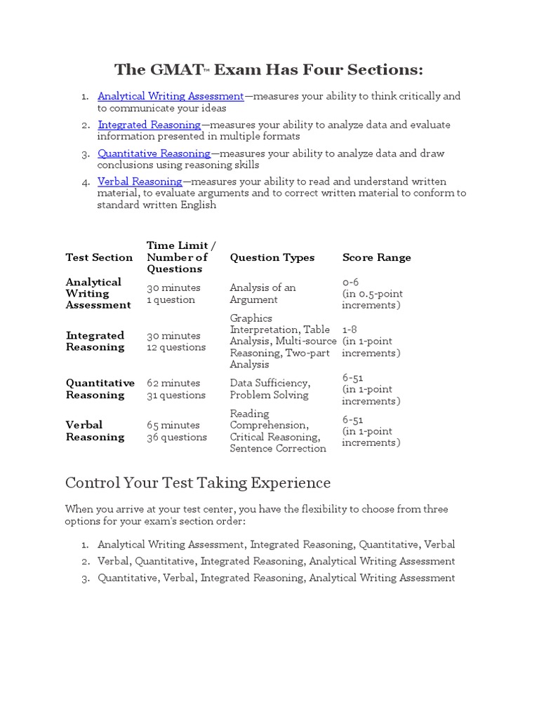 The Gmat Exam Has Four Sections:: Control Your Test Taking Experience ...
