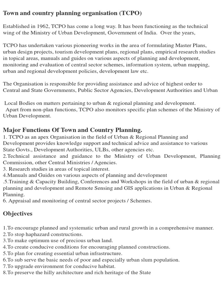 Town and Country Planning Organisation (TCPO) : Objectives | PDF
