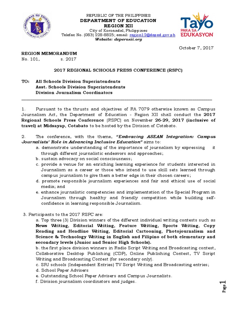Region Memo 101 2017 Regional Schools Press Conference (RSPC) | PDF ...