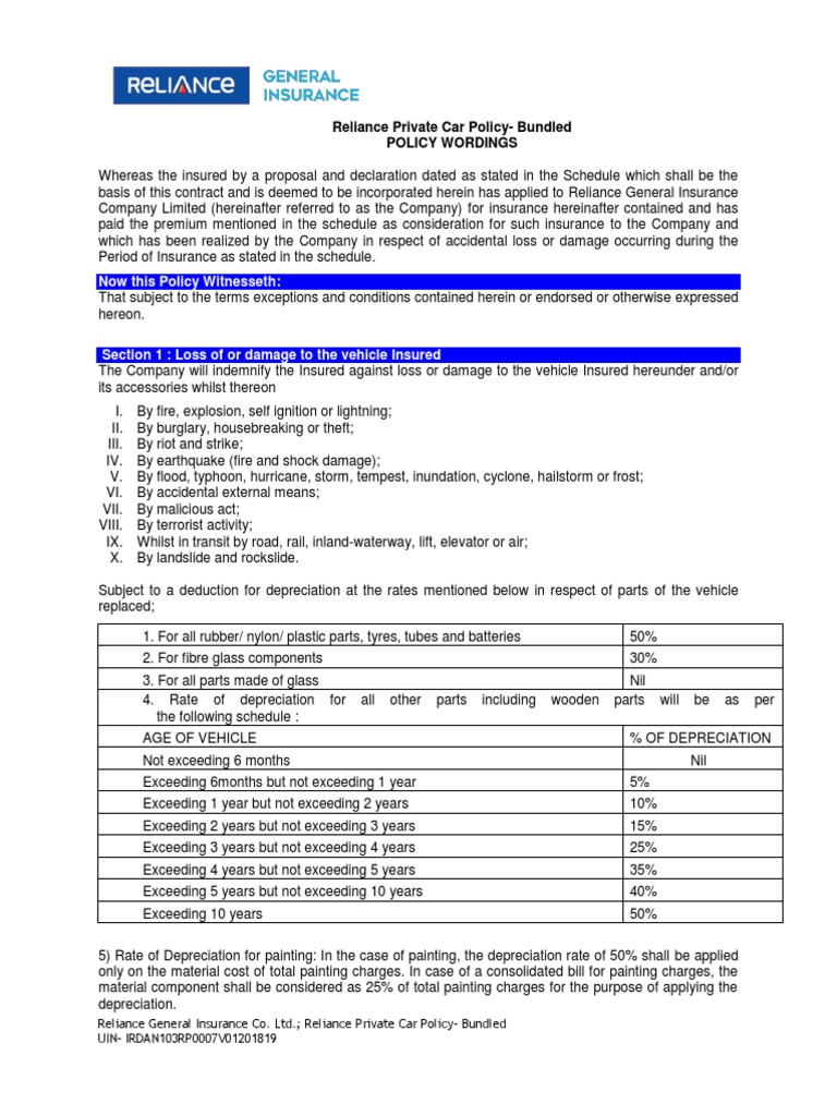 Now This Policy Witnesseth:: Reliance Private Car Policy-Bundled Policy ...