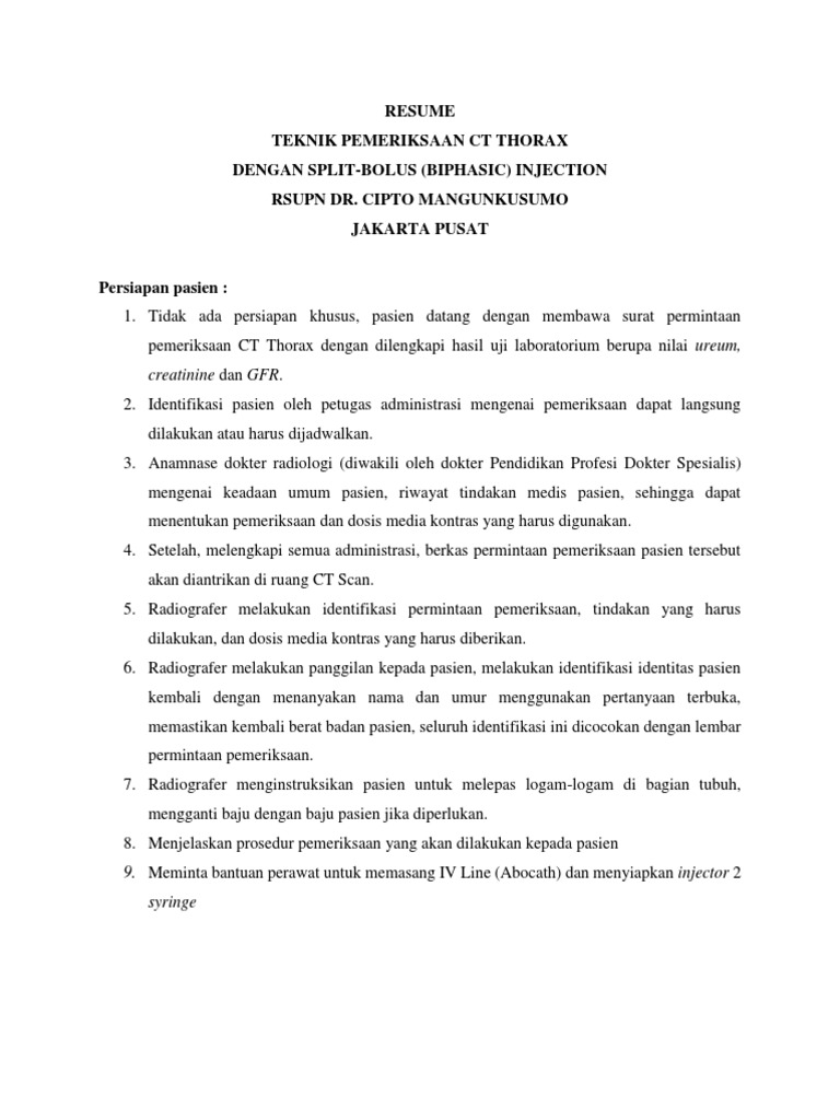 Resume Teknik Pemeriksaan CT Thorax Dengan Split-Bolus (Biphasic ...