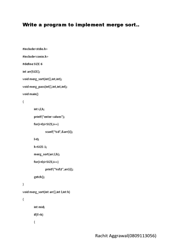 Write A Program To Implement Merge Sort. | PDF