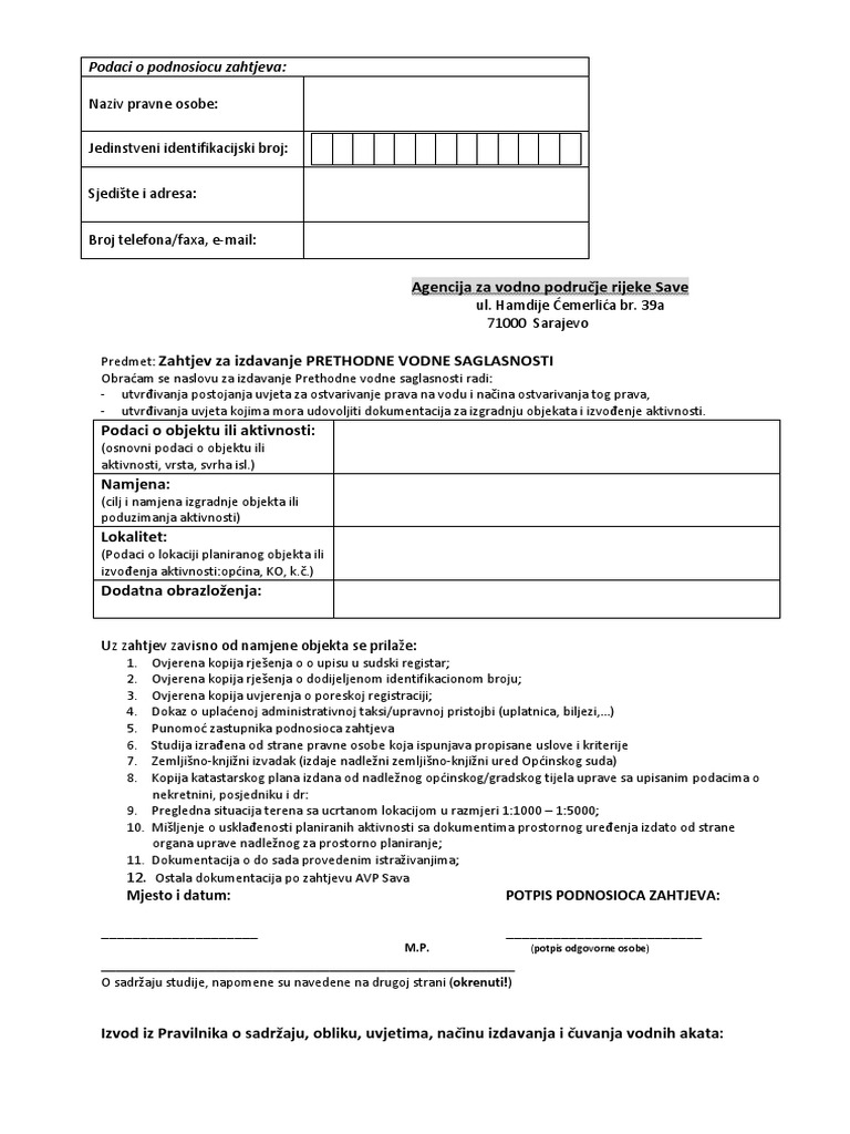 Zahtjev Za Prethodnu Vodnu Saglasnost | PDF