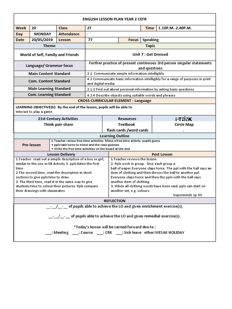 RPH eNGLISH mINGGU 20 | PDF | Lesson Plan | English Language