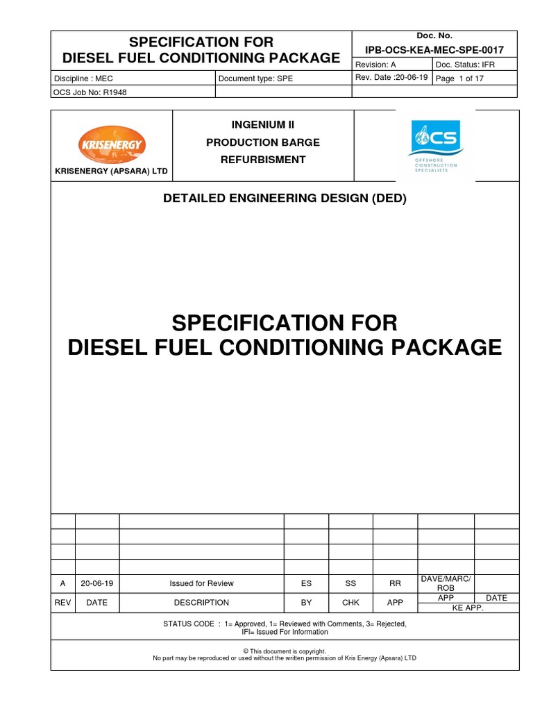 Specification For Diesel Fuel Conditioning Package | PDF | Pipe (Fluid ...